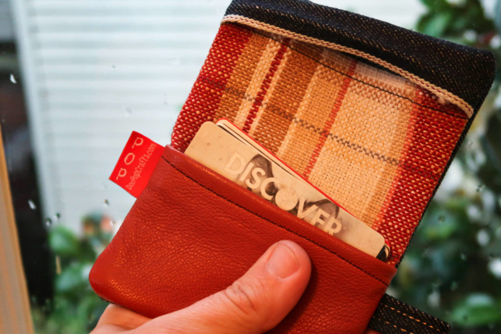 Denim Wallet: Autumn Plaid with Red Leather - Doc Pop's Toys & Games